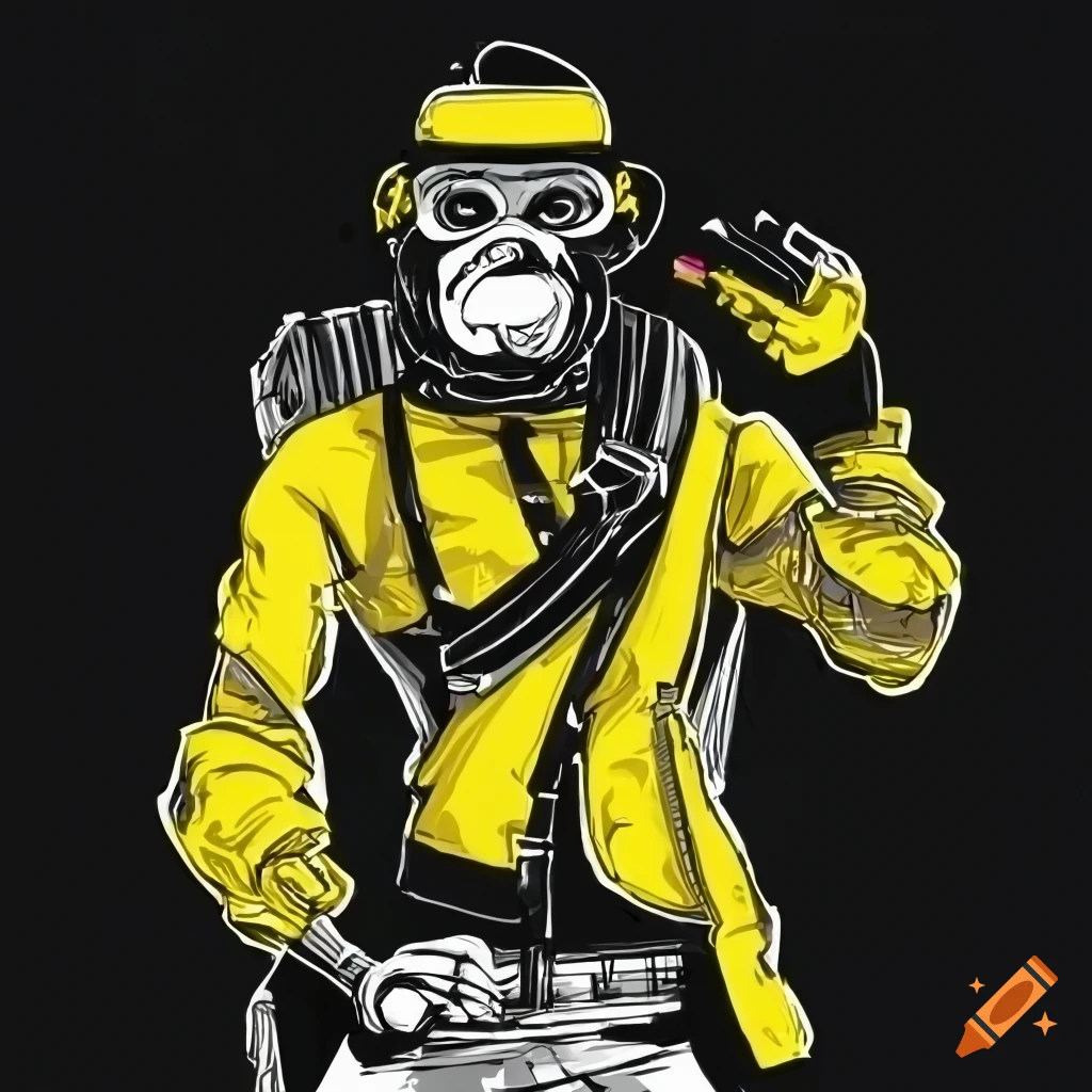 Cartoon cyberpunk ninja monkey in a stylish yellow jacket with gadgets ...