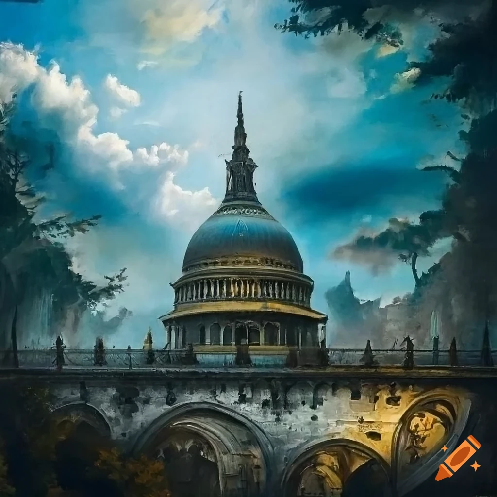 Elaborate surreal landscape with gothic architecture inspired by Escher and Piranesi in an oil ...