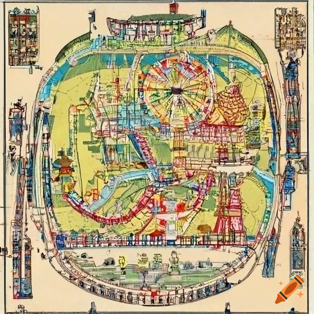 Intricate amusement park map with sections representing historical eras ...
