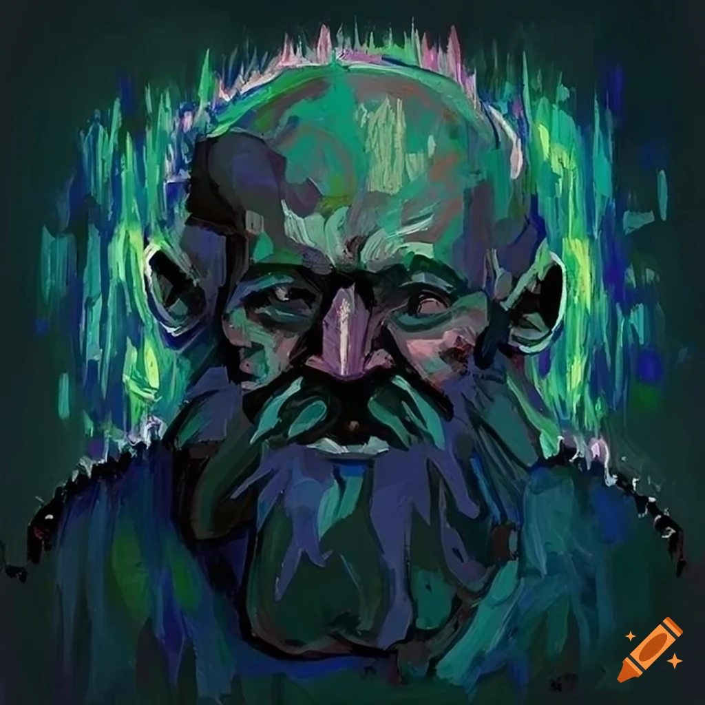 Impressionistic and abstract portrait of an older dwarf man in a dimly ...