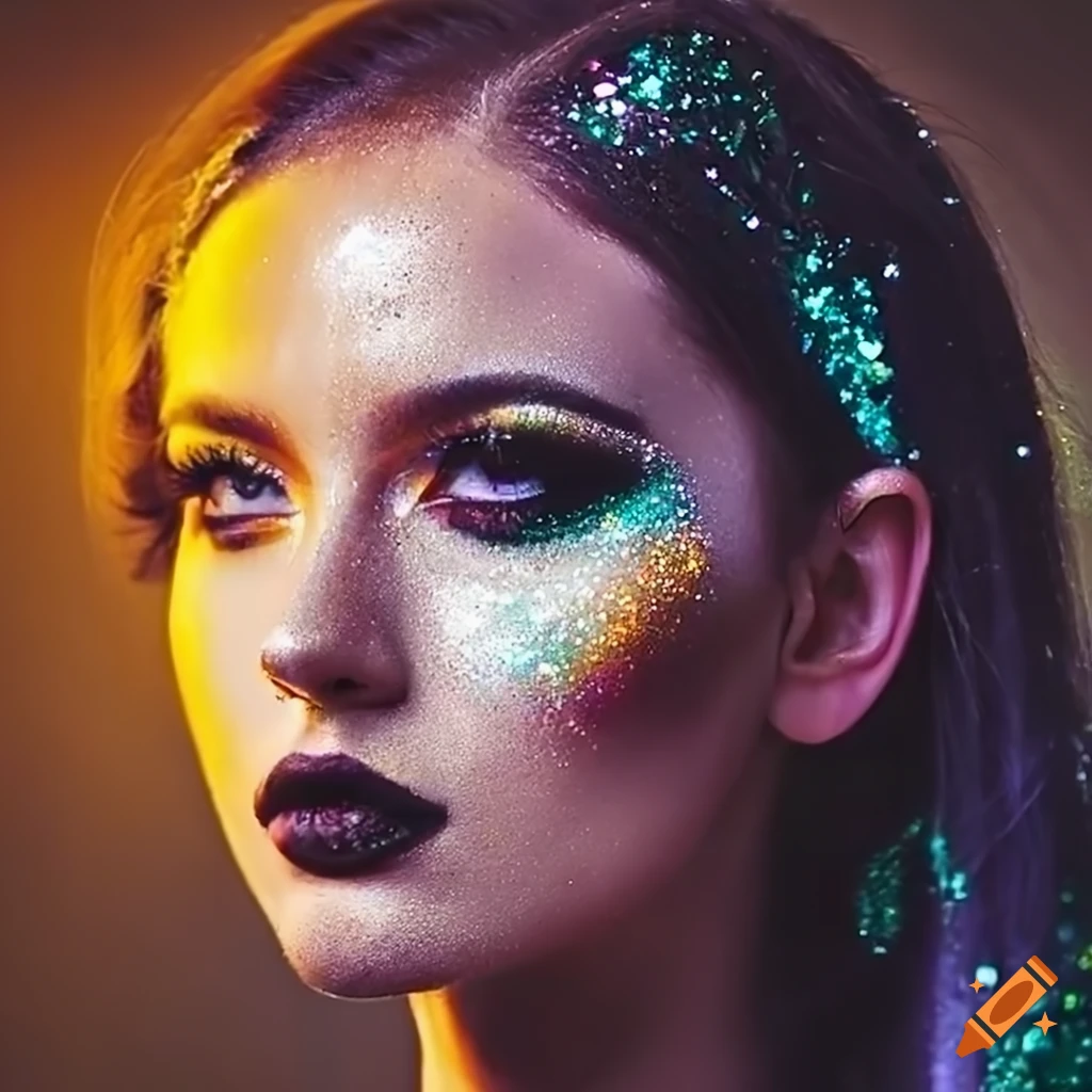 Enchanting woman with glittery makeup in a cinematic studio lighting on ...