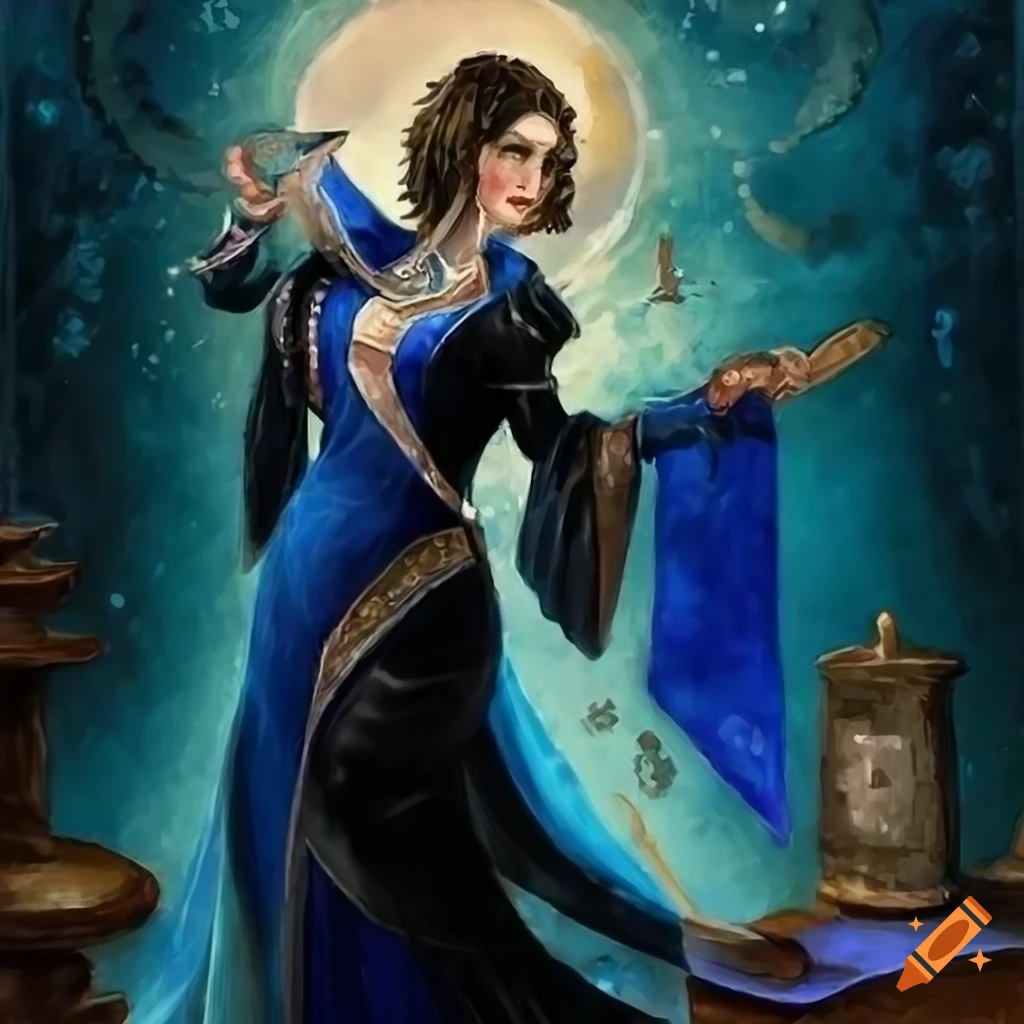 Magician lady in fantasy outfit with scrolls in a magic laboratory on ...