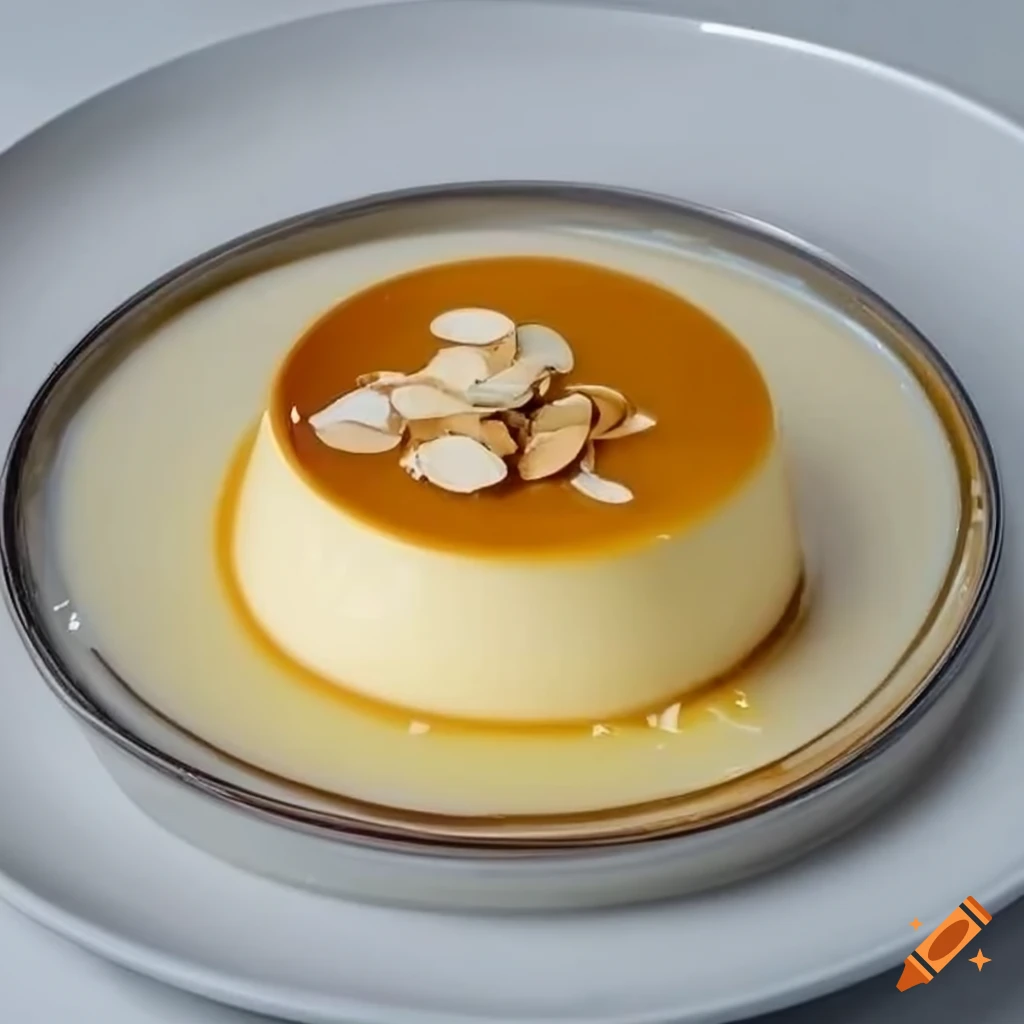 Vanilla flan with caramel sauce and almond flakes on a beautiful plate ...