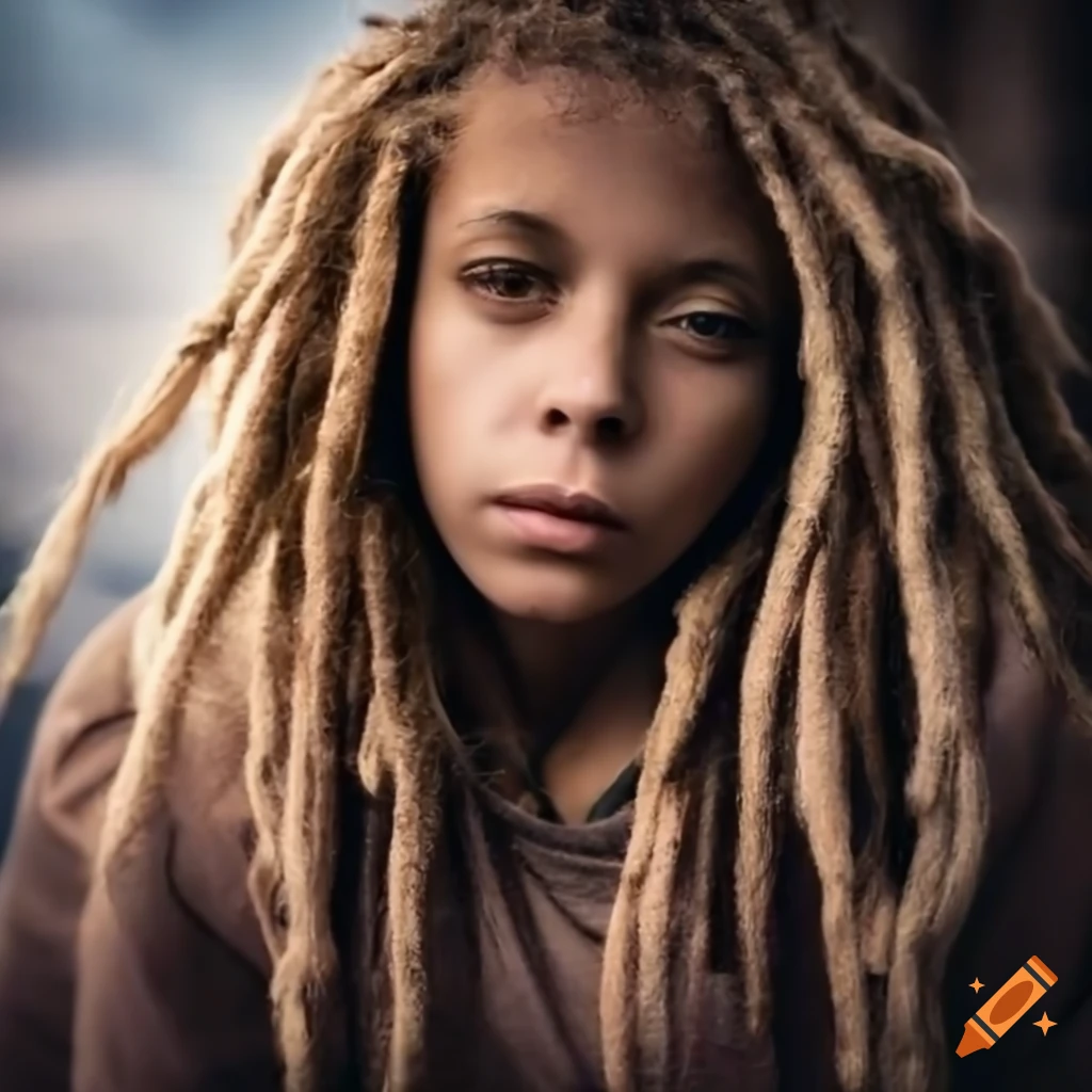Young college student with bobbed dreadlocks and expressive brown eyes ...