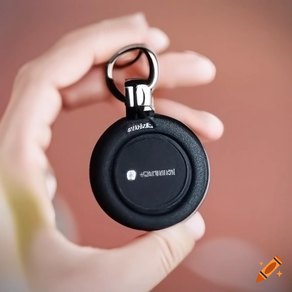 Gadget, round keychain with display in center and red button on the ...