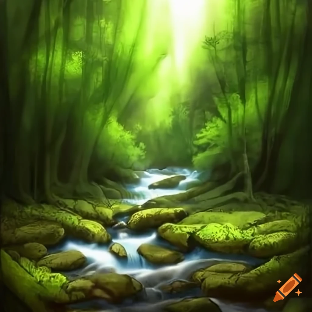 Stream flowing through a forest on Craiyon