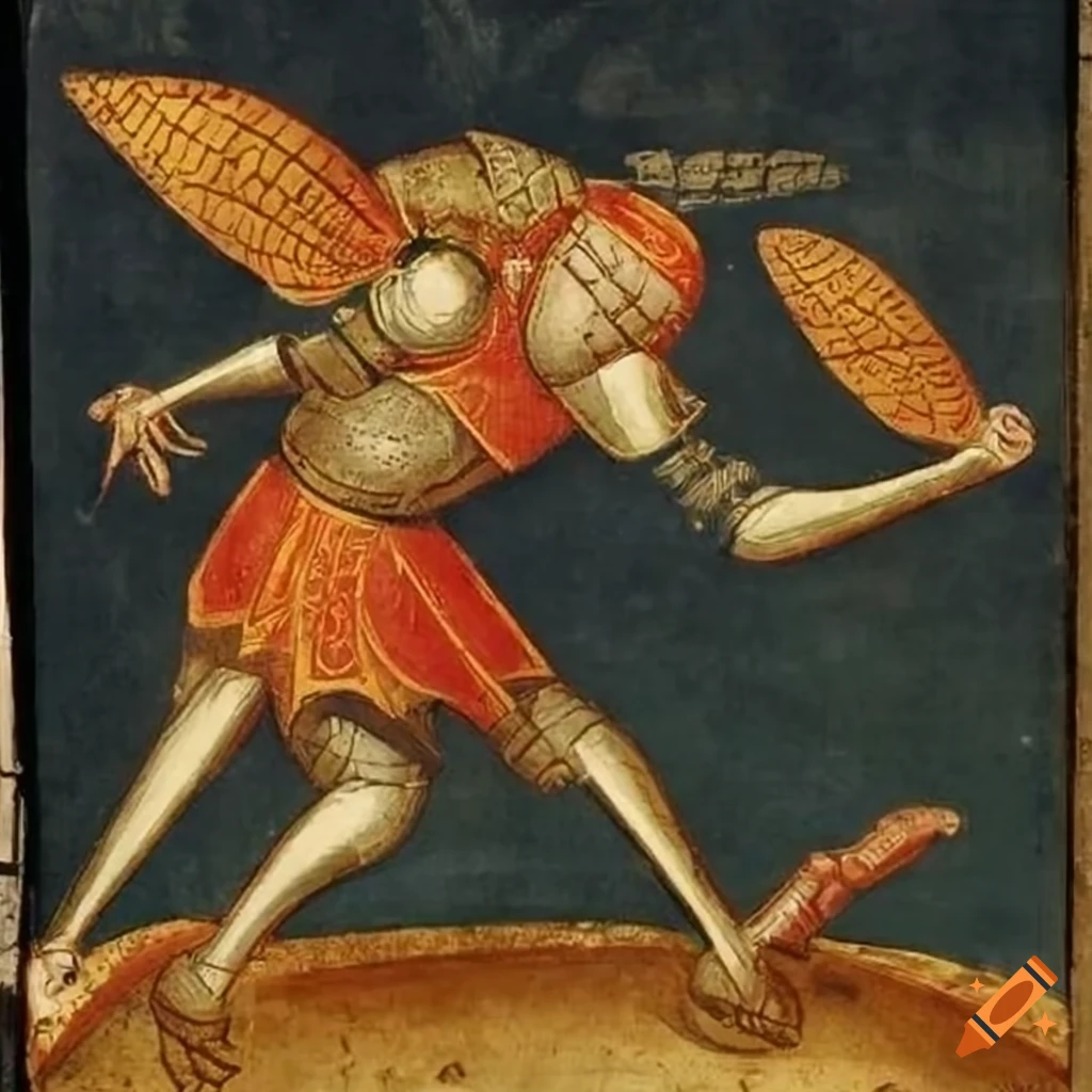 Knight heroically slaying a giant cicada in medieval illuminations on ...