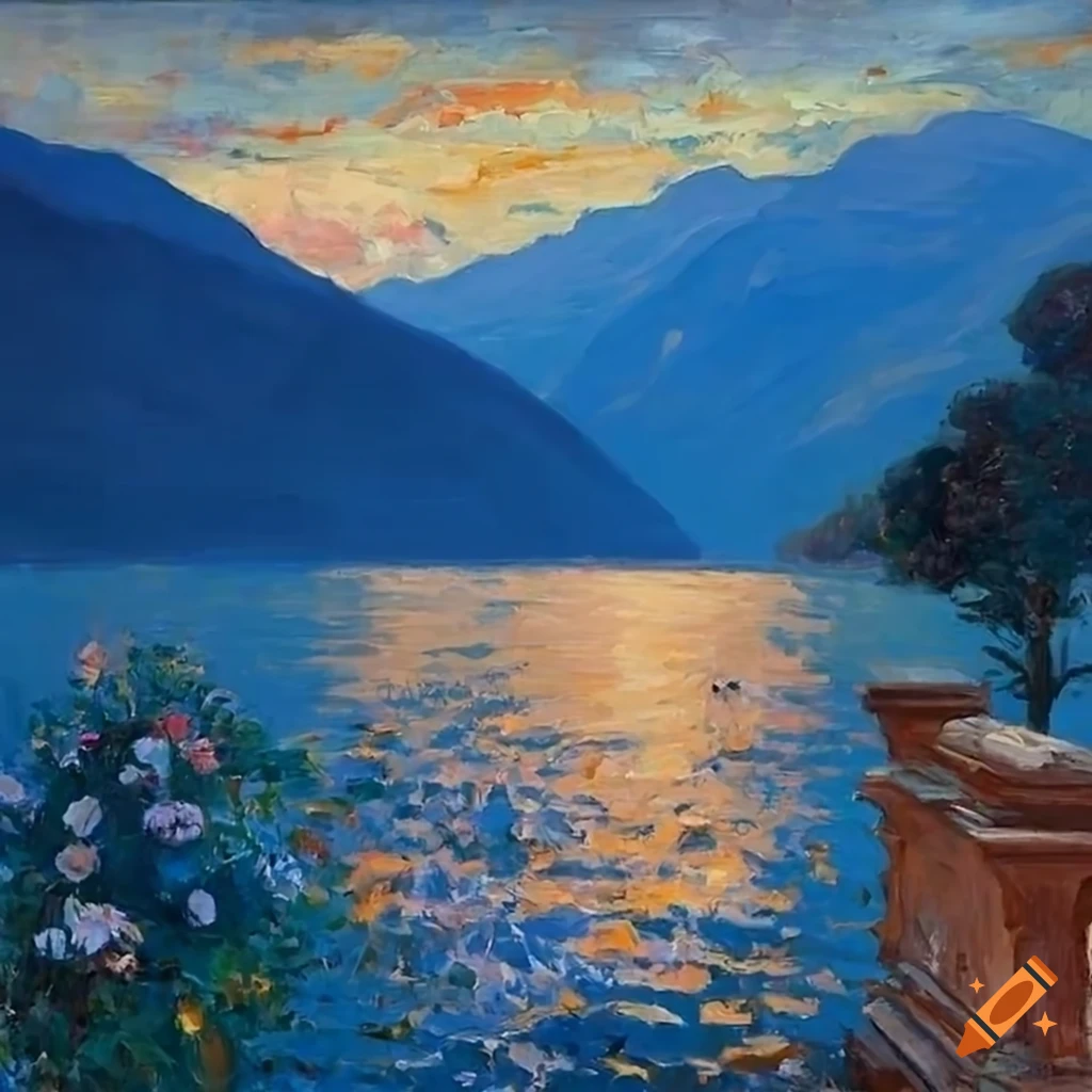Impressionist painting of a small patio overlooking Lake Como with ...