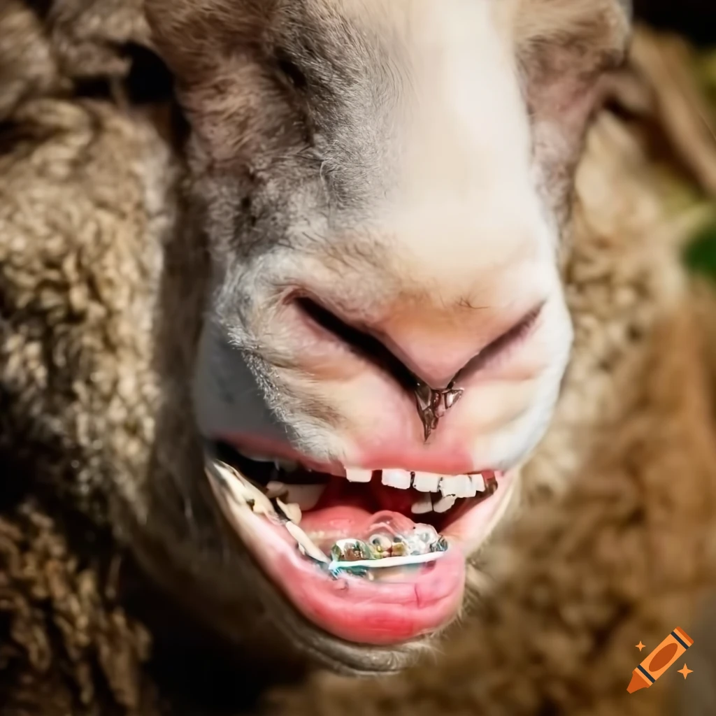 Sheep with crooked teeth and dental braces on Craiyon