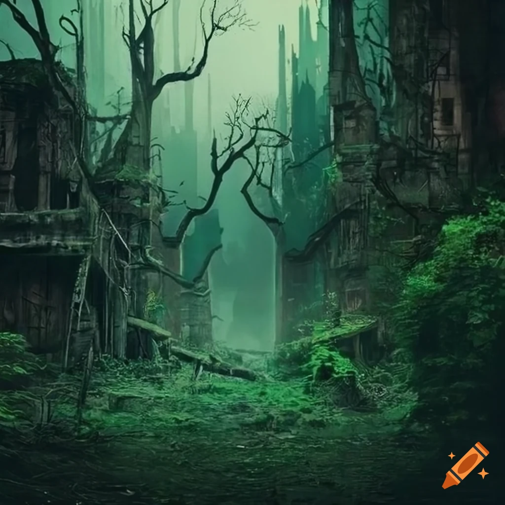 Post-apocalyptic forest reclaiming a city landscape on Craiyon