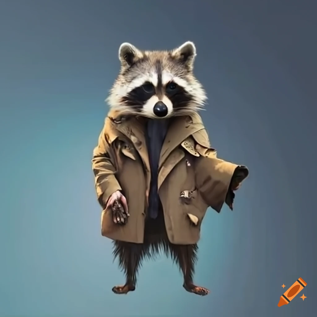 Giant raccoon in trench coat descending from the sky on Craiyon