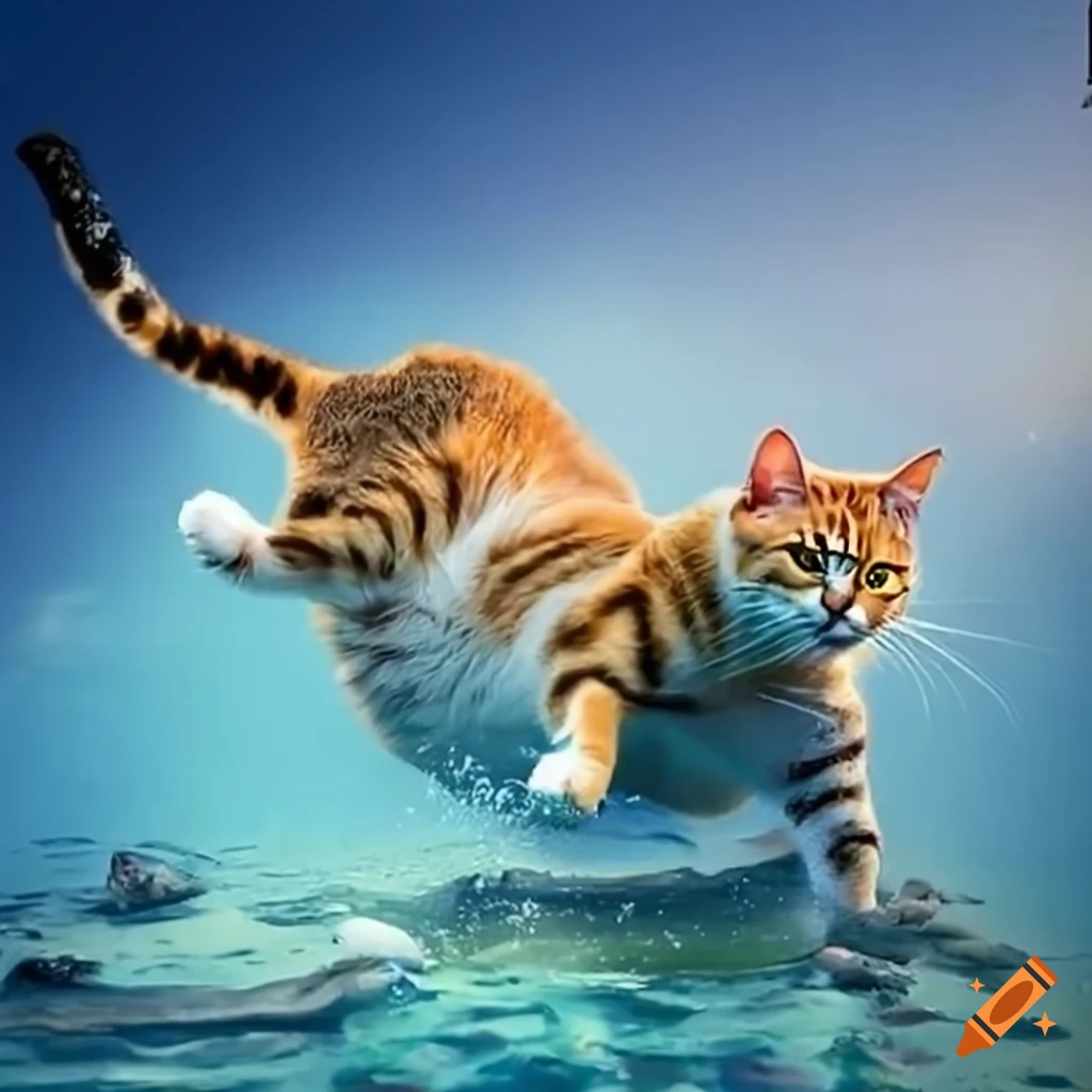Energetic cat having a delightful adventure on a vibrant waterslide on ...