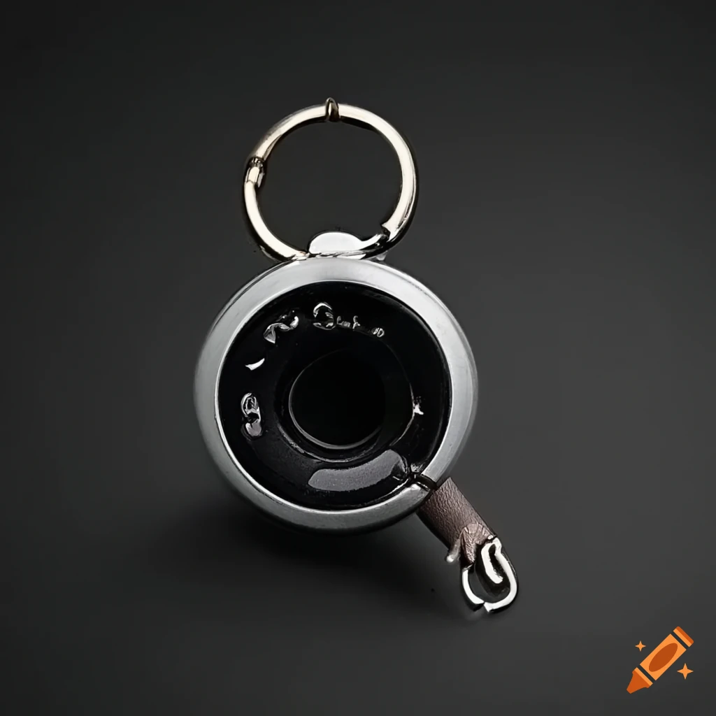 Black keychain gadget with round display, leather material on Craiyon