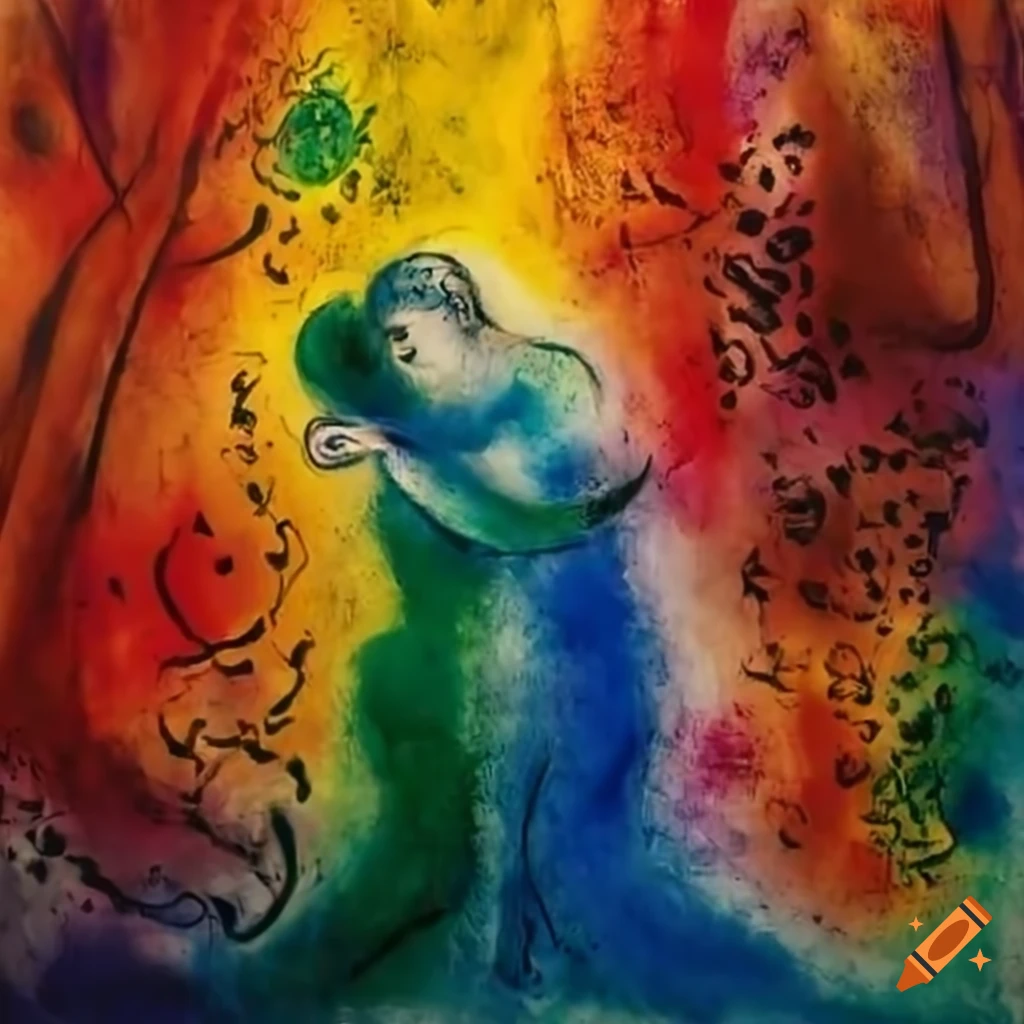 Dancers embracing in a colorful forest in the style of Marc Chagall on ...