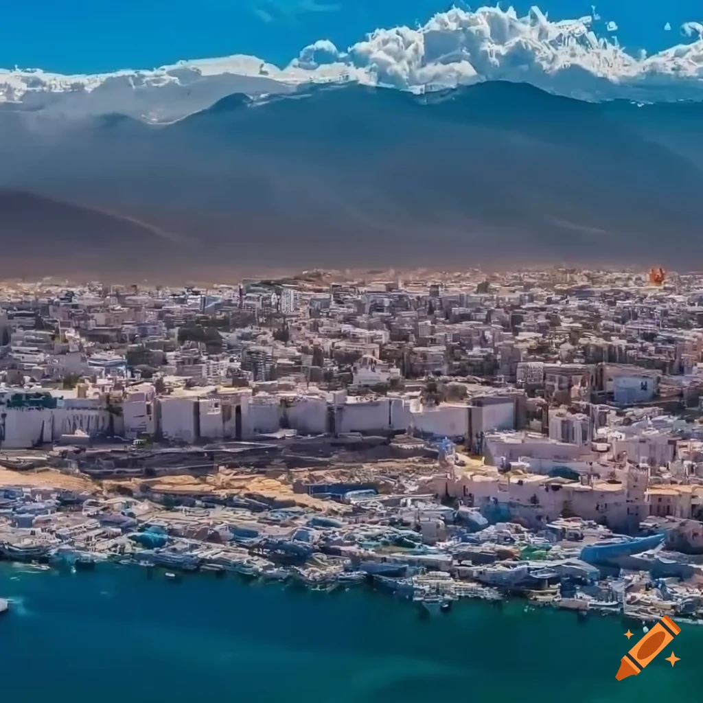 Bird's eye view of an emerging Moroccan city surrounded by mountains ...
