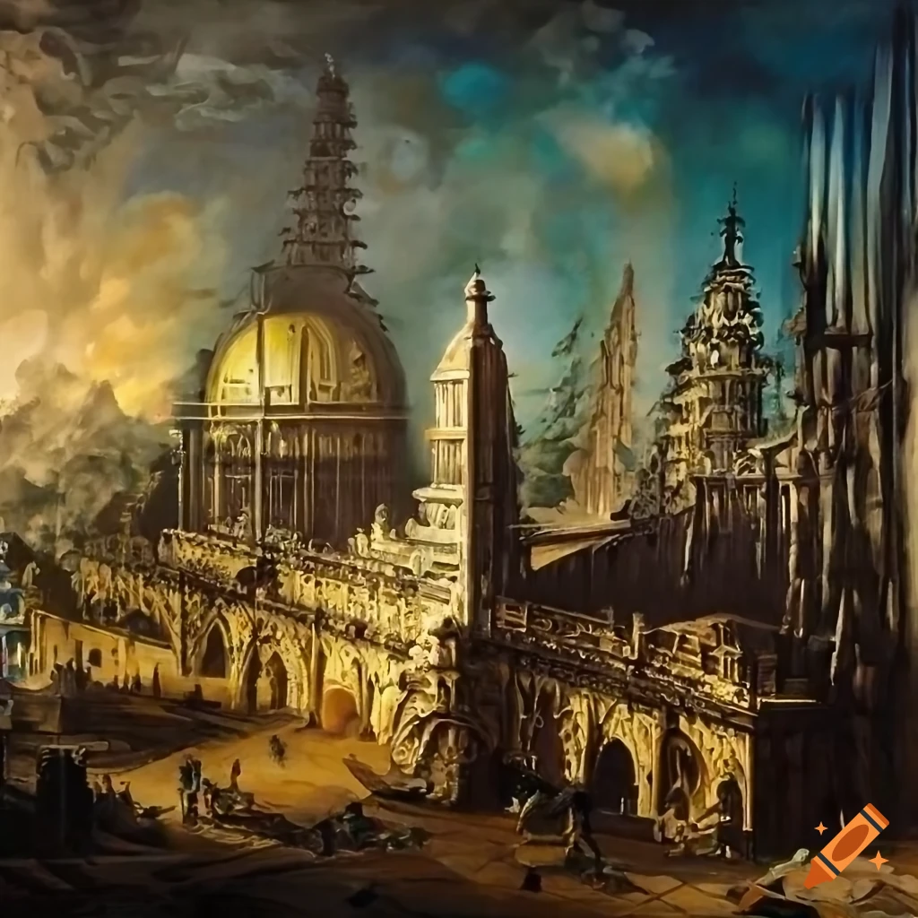Strange fantasy world with classical architecture in an intricate oil ...