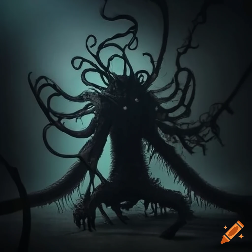 Creepy shadow monster with tentacles and eyes in a dark fantasy setting on Craiyon