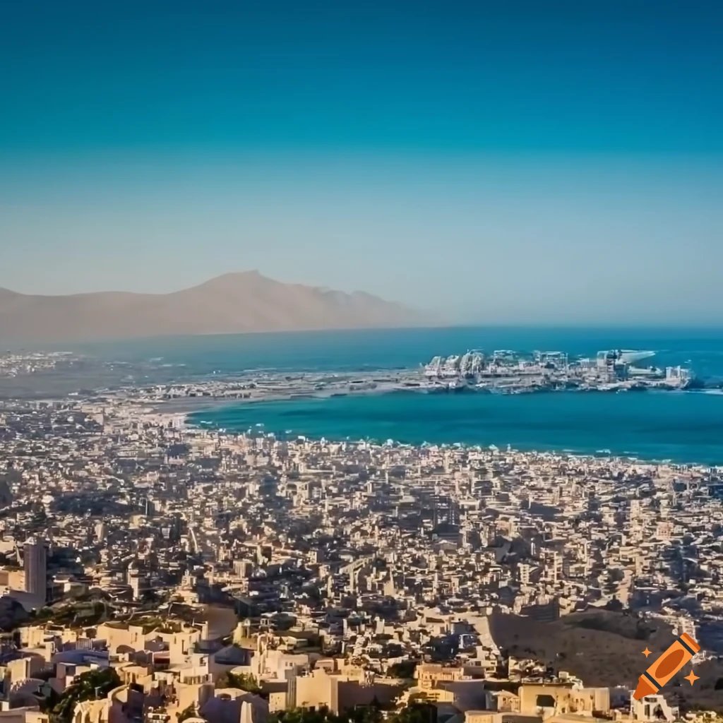 Aerial view of a mountain city overlooking the mediterranean sea in ...