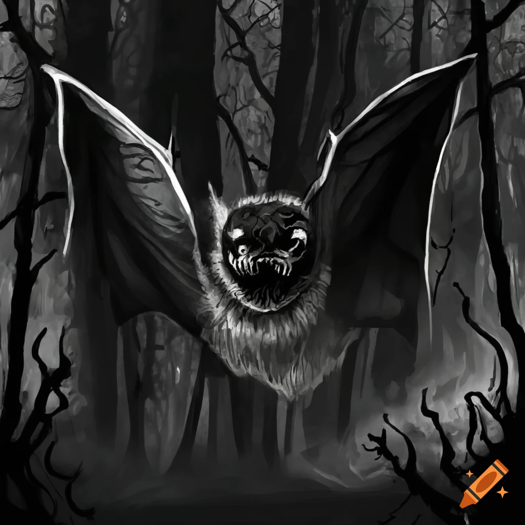 Spooky black and white drawing of a bat in a dark forest on Craiyon