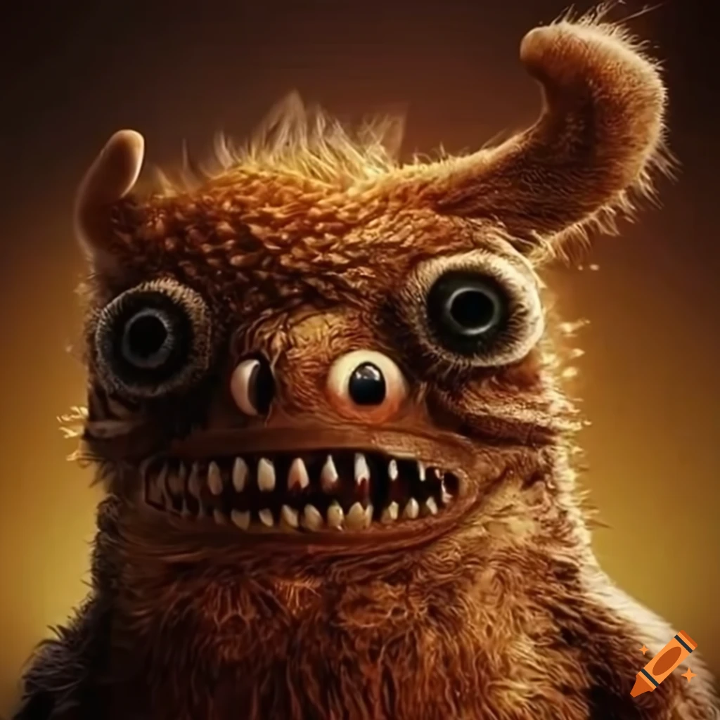 Monster with brown fur, sharp teeth, 4 eyes, 5 legs, and 5 arms ...