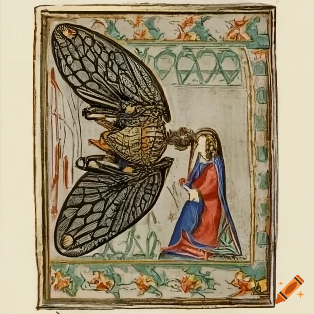 Giant cicada in a medieval biblical illumination on Craiyon
