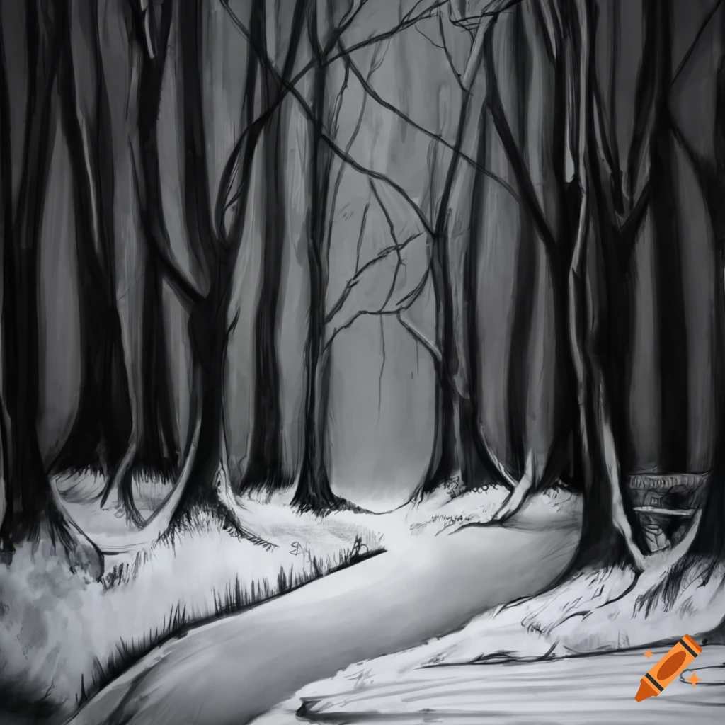 Professional black and white drawing of a snowy dark forest on Craiyon