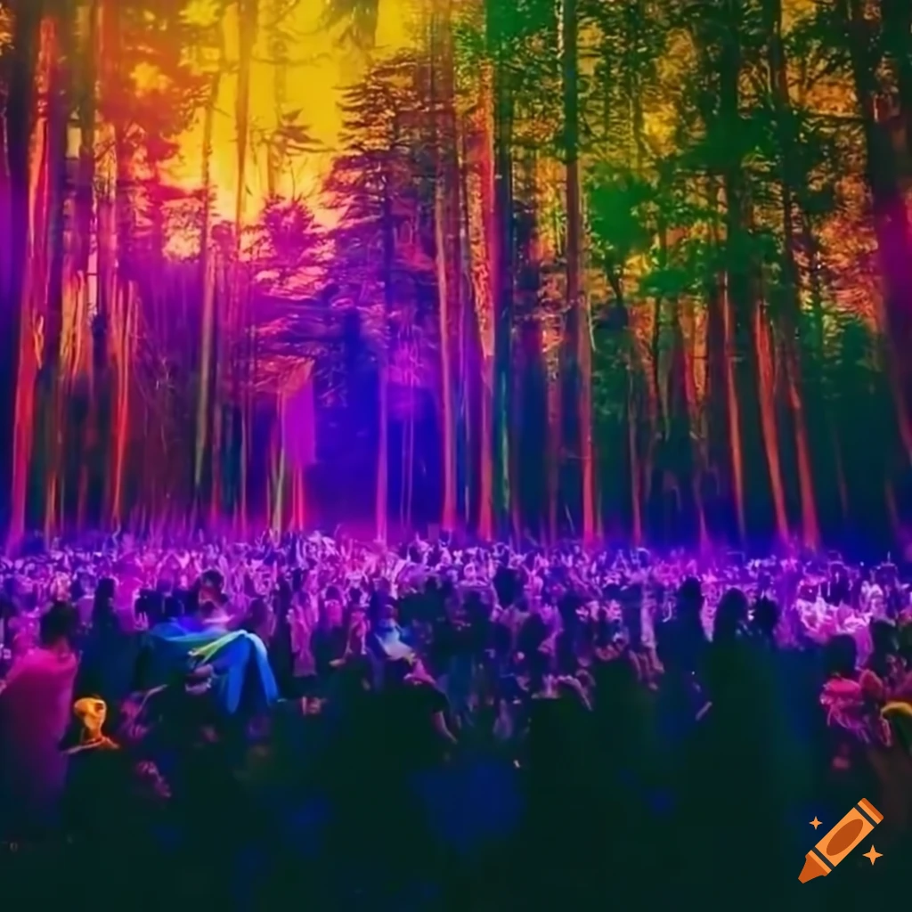 Colorful festival atmosphere in a dense forest with laughter and music ...