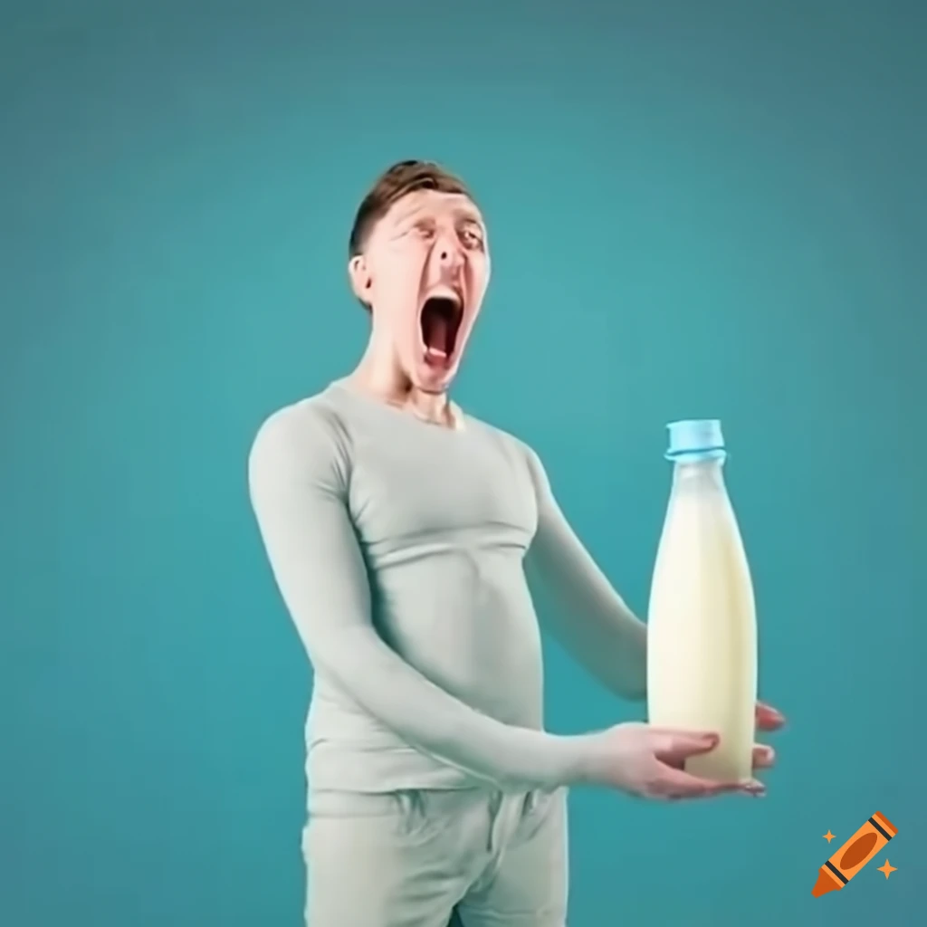Man screaming at a large bottle of milk on Craiyon