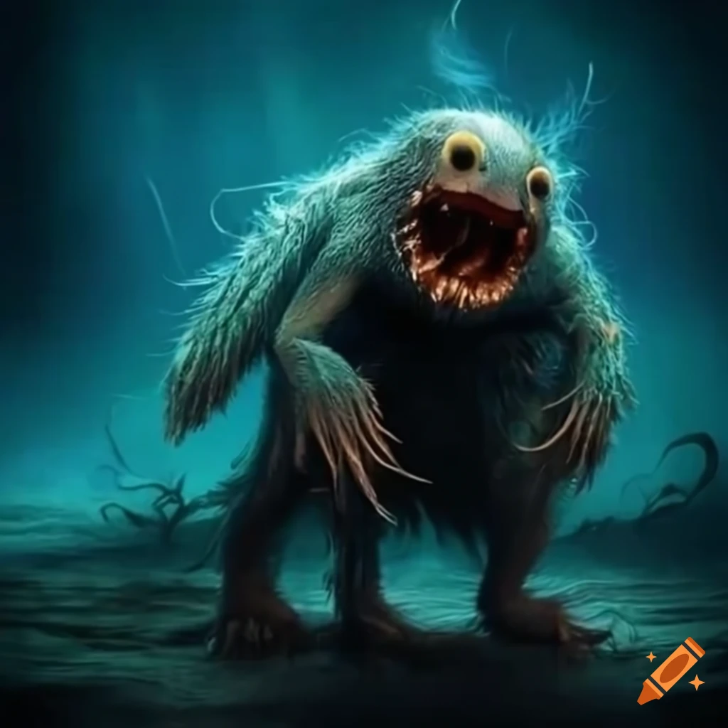 Monster with brown fur and sharp teeth, 4 eyes, 5 legs, and 5 arms ...