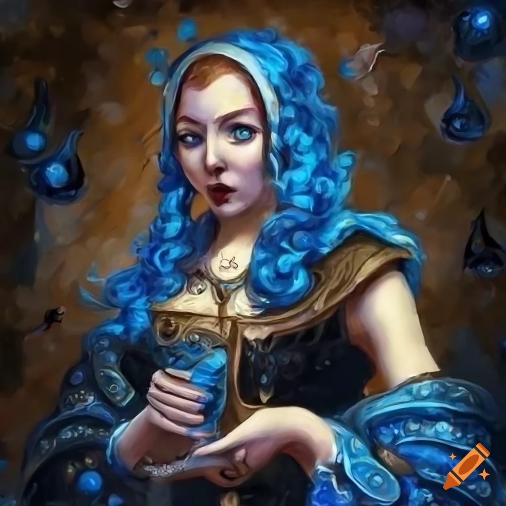 Fantasy magician lady working in a moonlit lab with bubbling potions ...