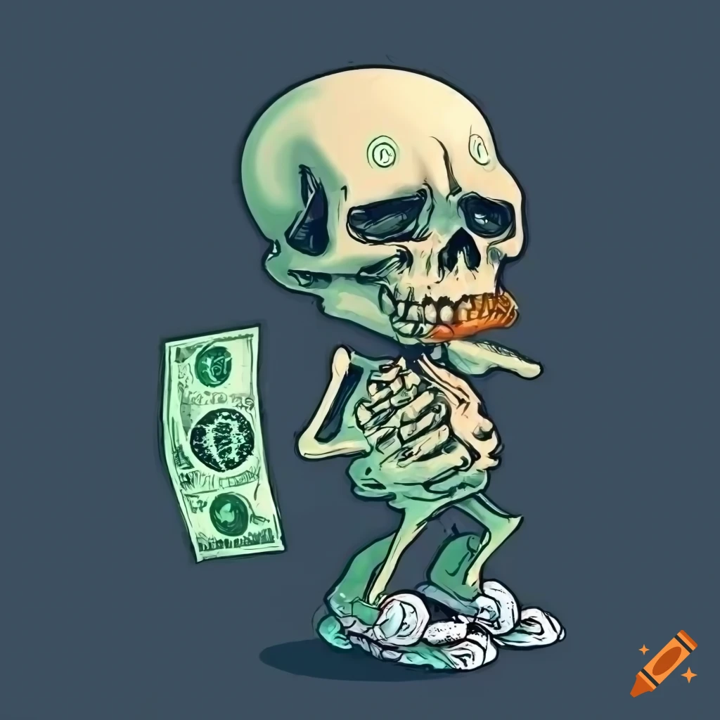 Tired skeleton skull holding money and smoking on Craiyon