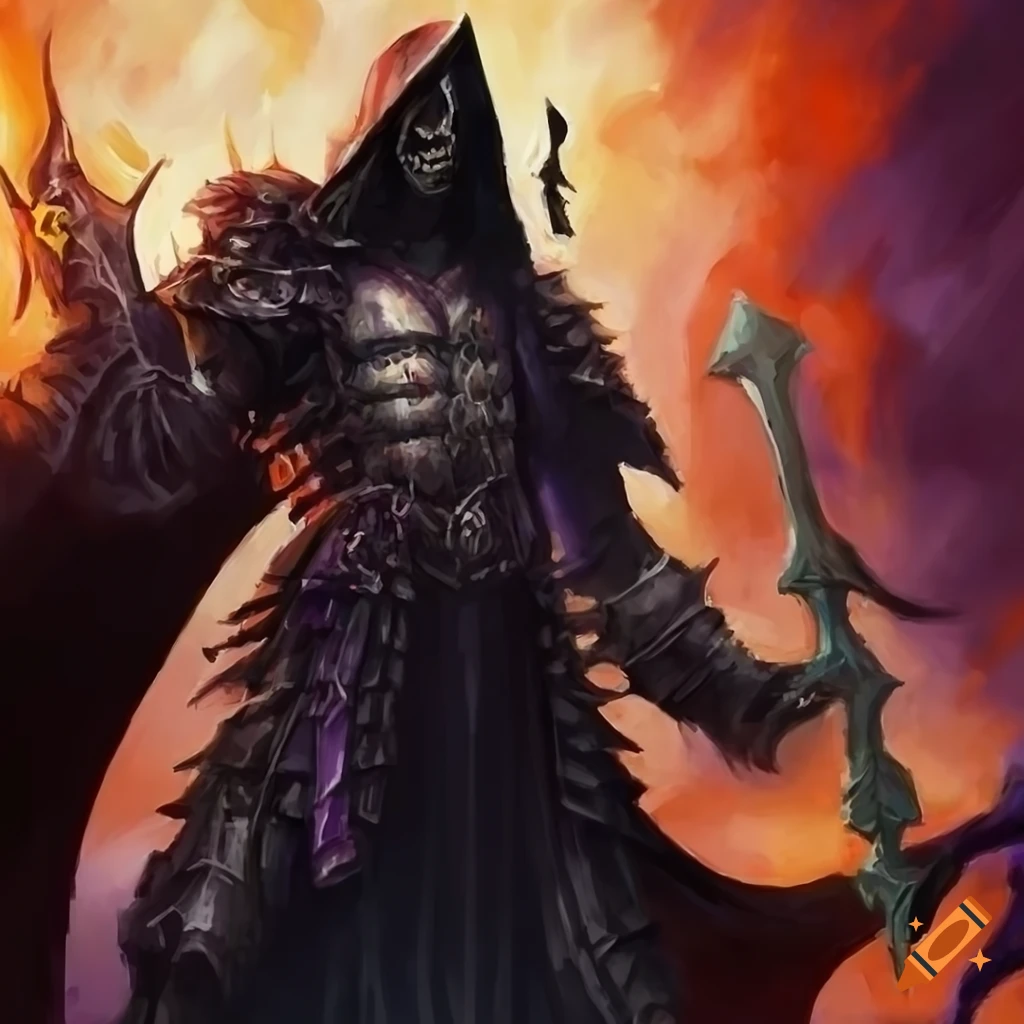 Powerful undead reaper dark knight in skull armor holding a mass in ...