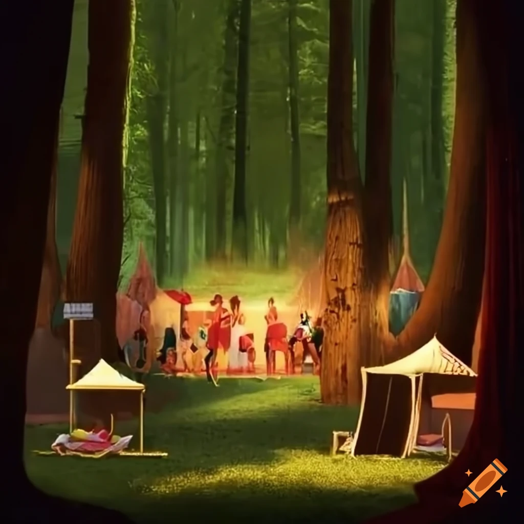 Forest stage with a crowd and food stand on Craiyon