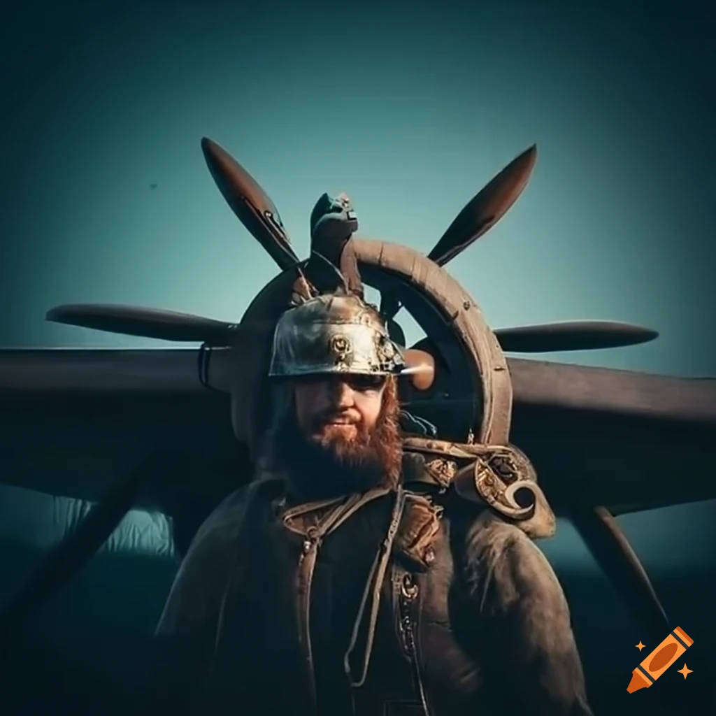 Vintage airplane with bearded viking pilot in classic uniform on Craiyon