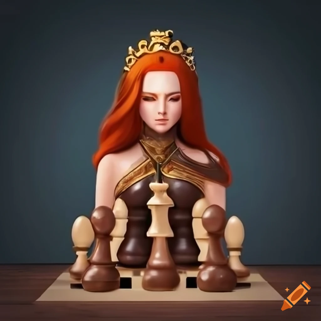 Warrior queen with red hair on a chess board surrounded by chess pieces on Craiyon