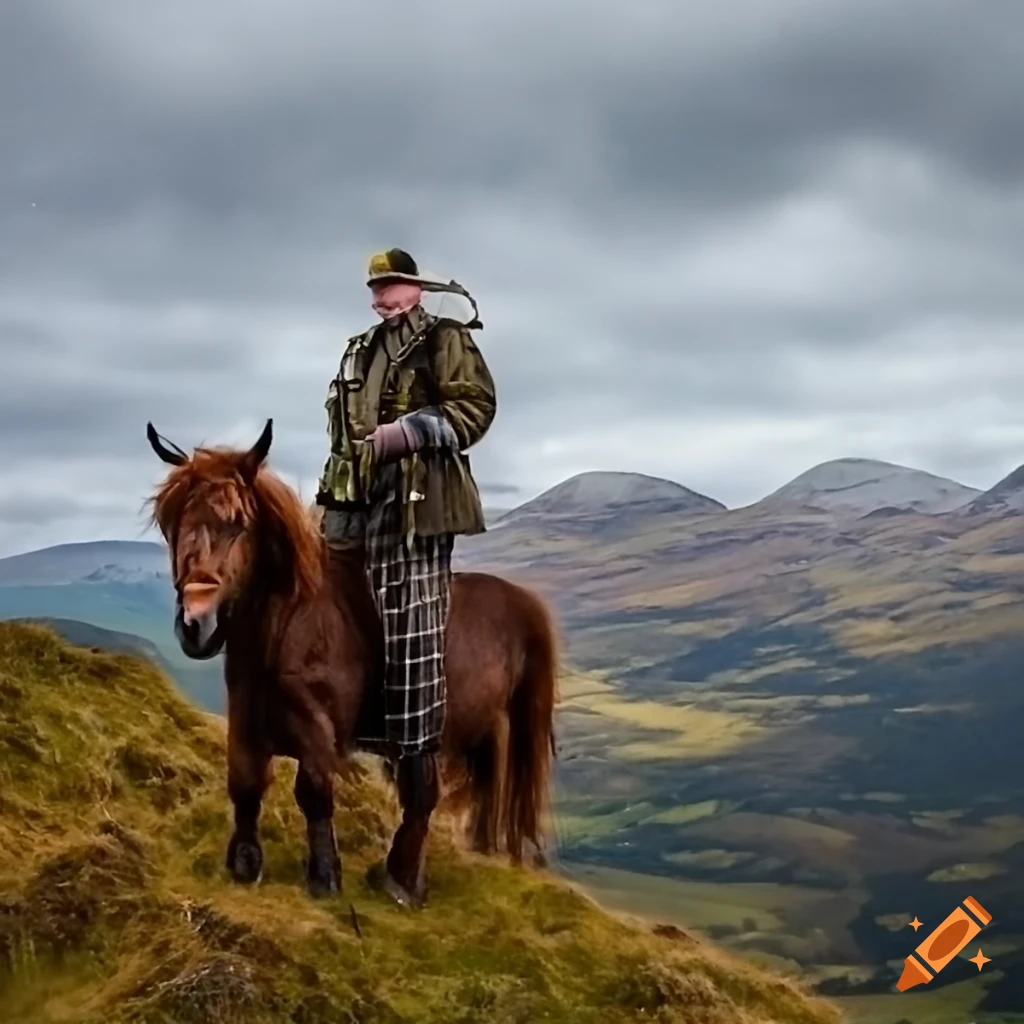 Whisky smuggler on Highland pony in the Cairngorm Mountains with aged ...