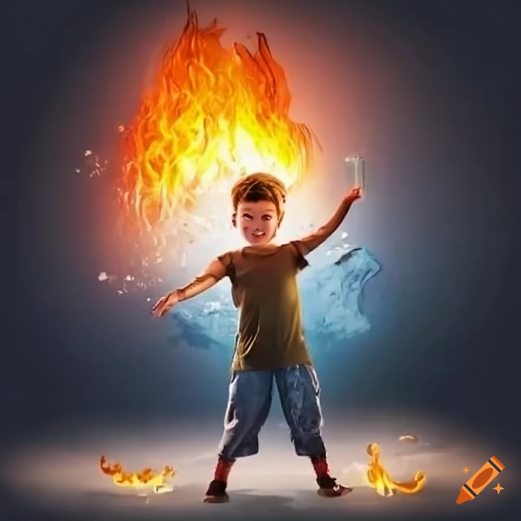 Kids with elemental powers of fire, water, air, and earth on Craiyon