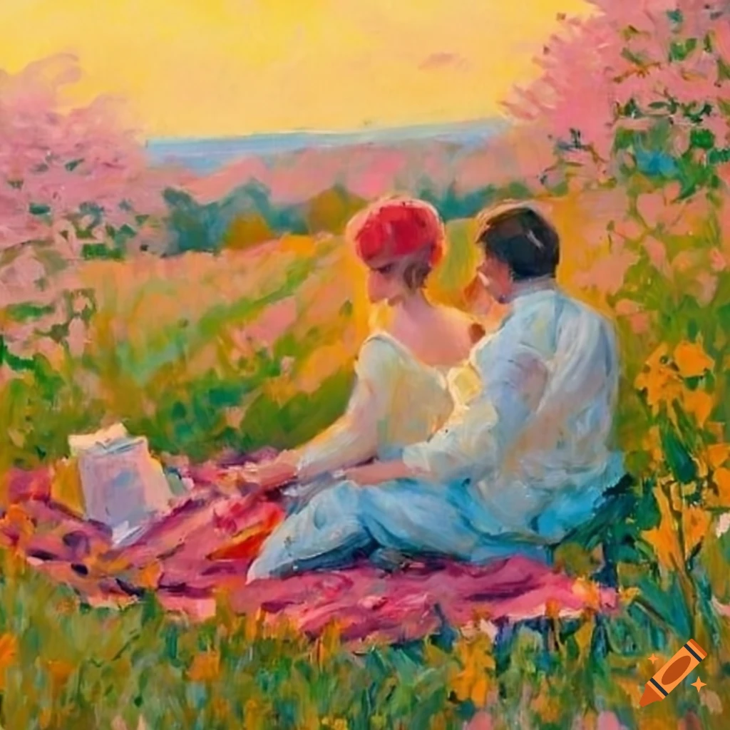 Young couple having a picnic on a pink flower field in an impressionist ...