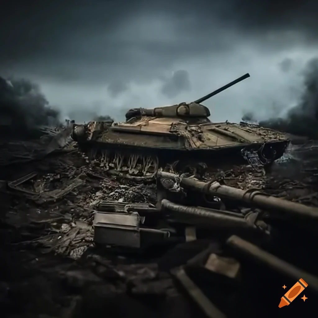 Battlefield with destroyed tank surrounded by smoke and debris on Craiyon