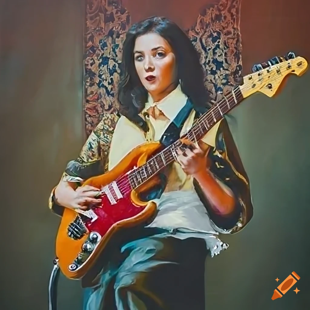Hyperrealistic painting of female electric guitarist with Fender ...