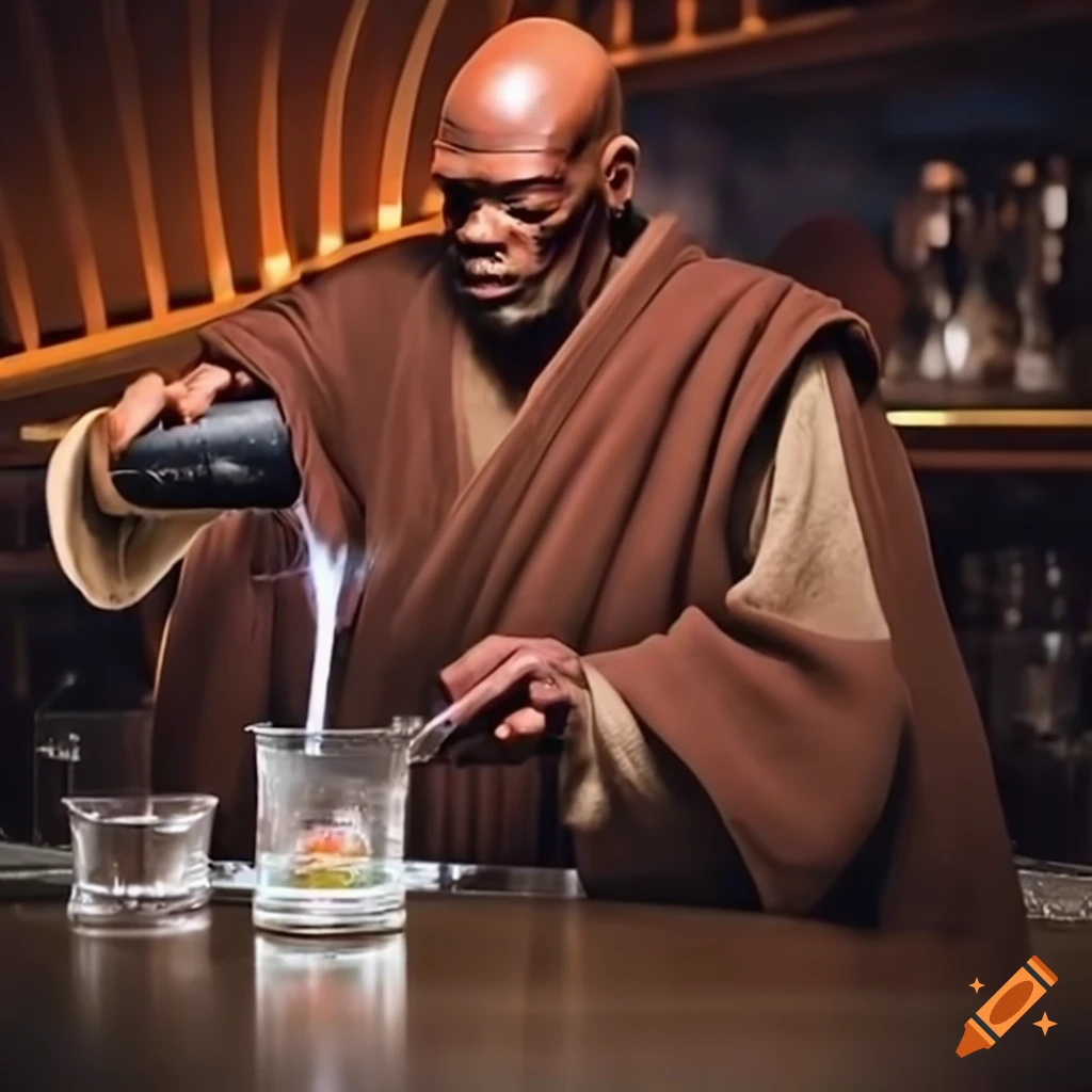 Mace Windu mixing a drink at a Star Wars cantina on Craiyon