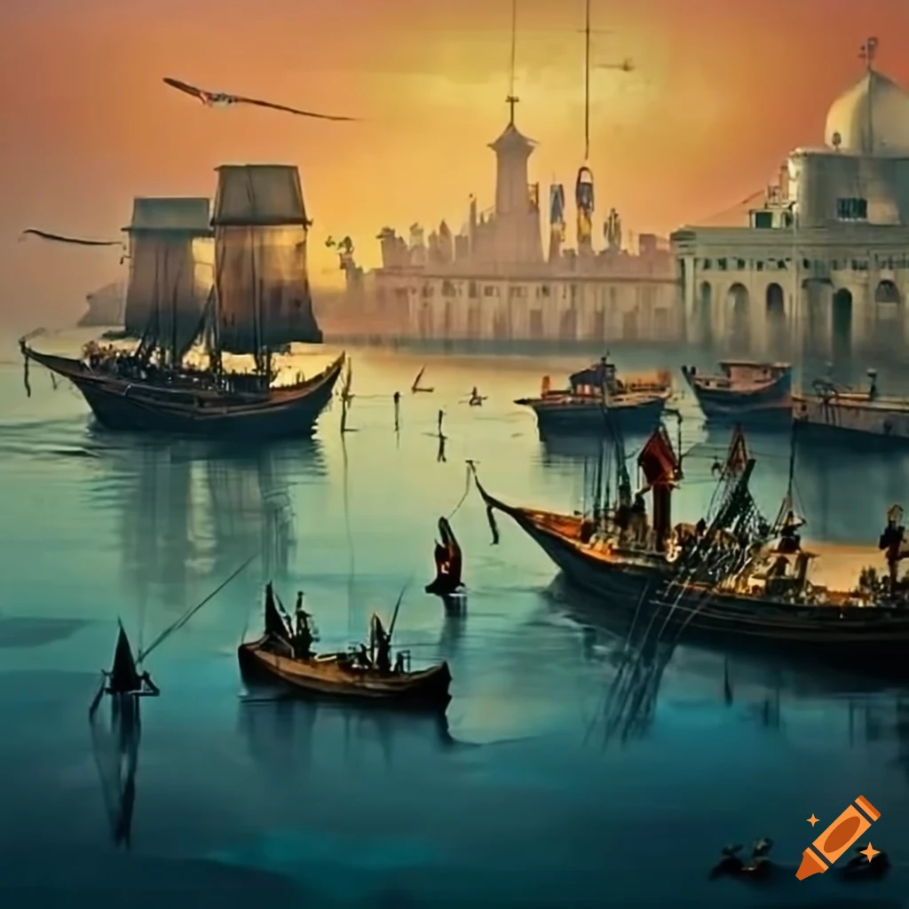 Old arabian docks with ships and sailors working on the silk route on Craiyon