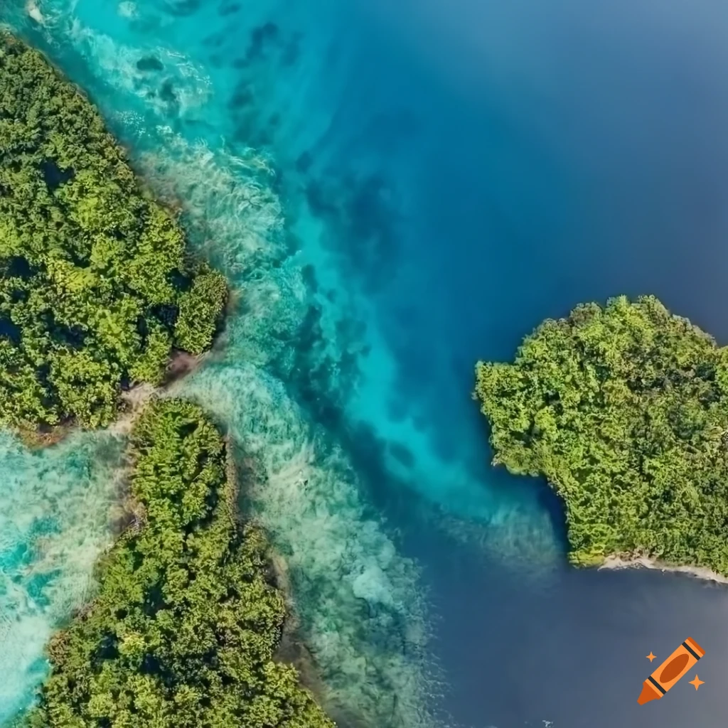 Aerial view of a tropical archipelago with multiple islands on Craiyon