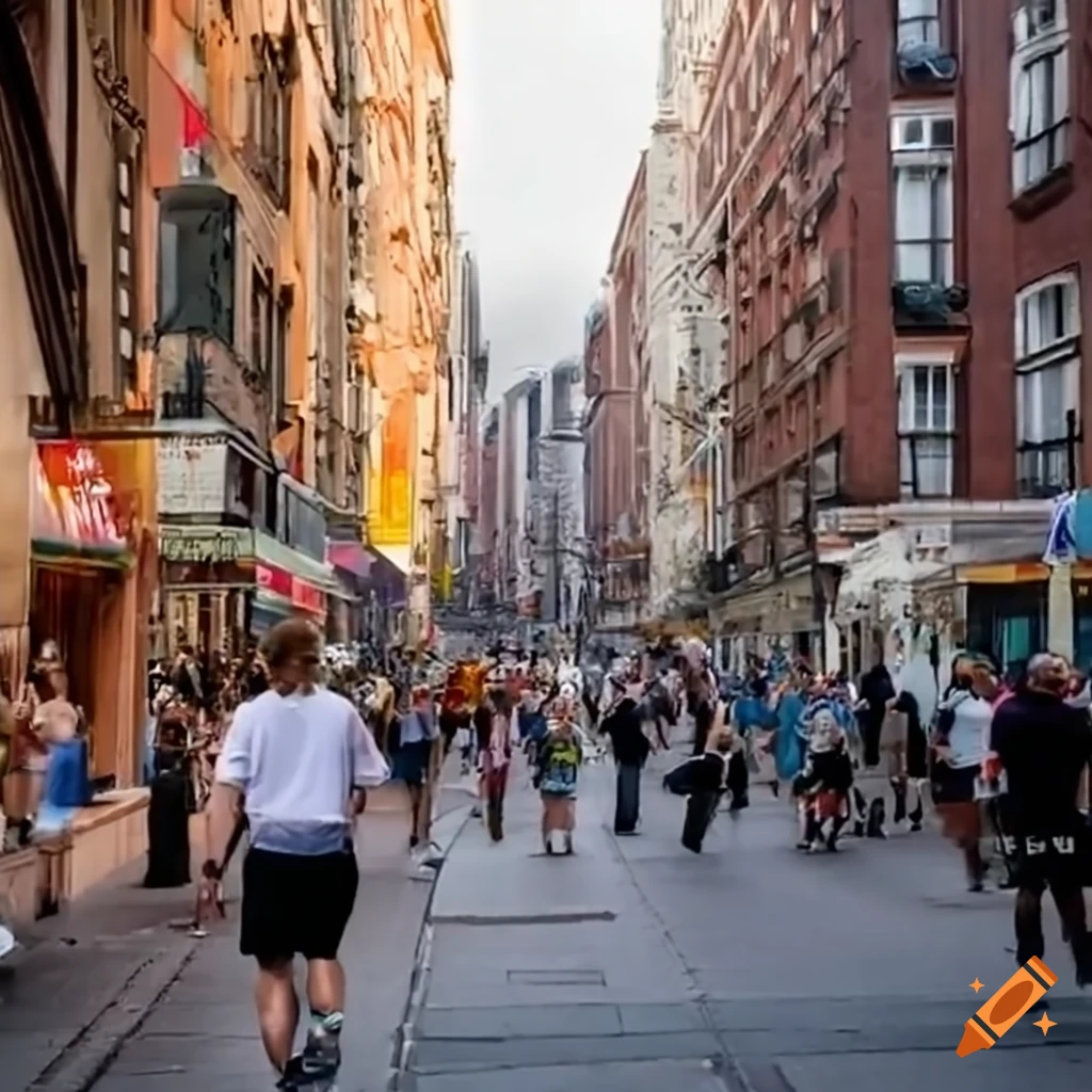 Busy side street with pedestrians on Craiyon