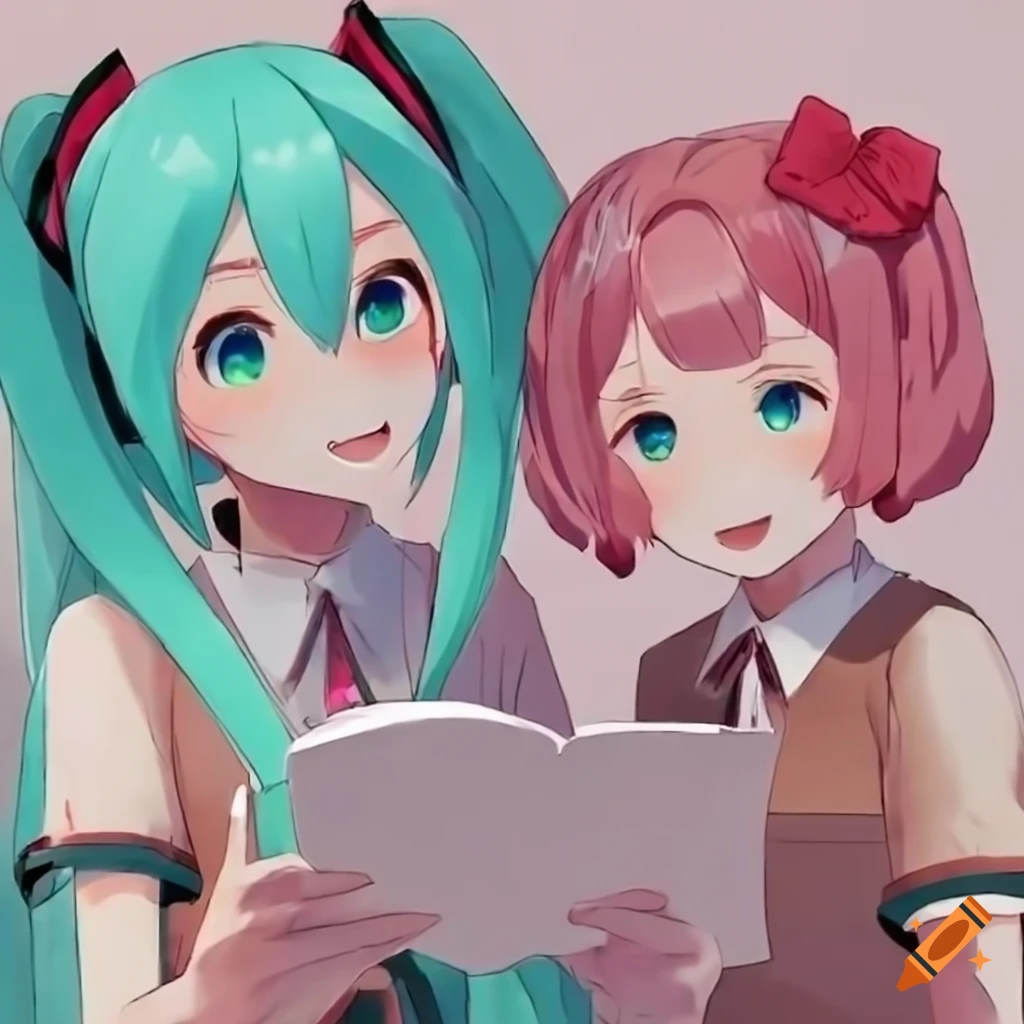 Hatsune Miku and Natsuki reading manga in the literature club on Craiyon