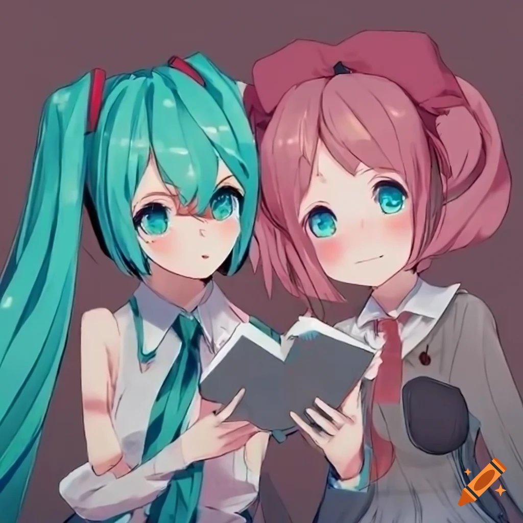 Hatsune miku and natsuki reading manga in the literature club on Craiyon