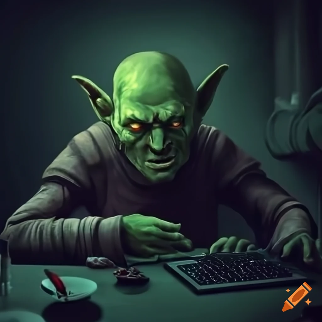 Immersed goblin using a high-definition screen in a dark room on Craiyon