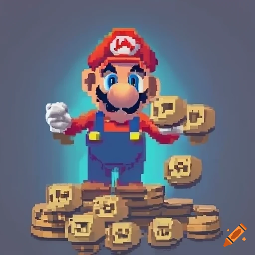 Mario bartering bitcoins with merchants in a vibrant bazaar on Craiyon