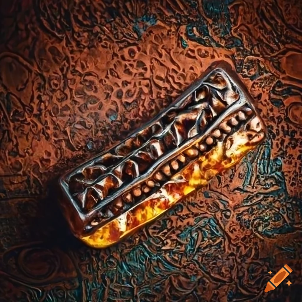Metal wide bar made of amber gemstones with tribal carvings on a copper ...