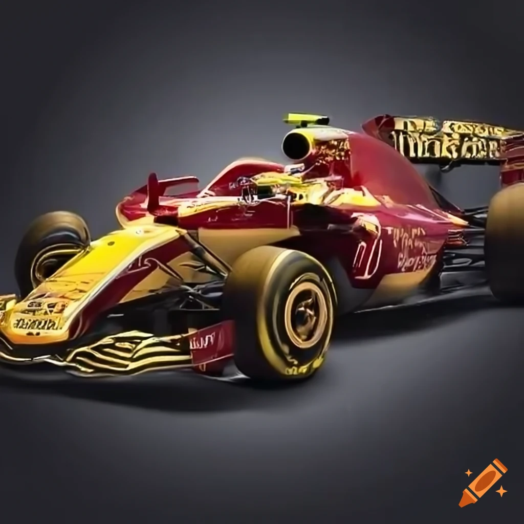 Detailed F1 racing gear in yellow gold and maroon red colors on Craiyon